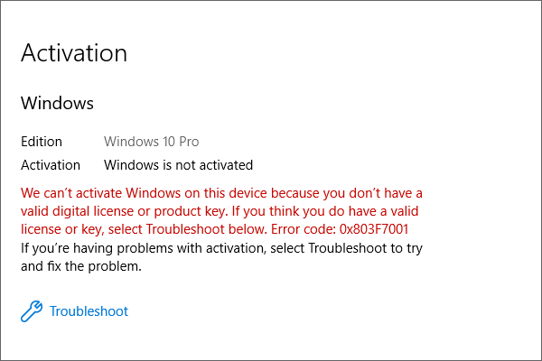 [8 Ways] Fix Activation Error Code 0x803f7001 Windows 10 11 Minitool